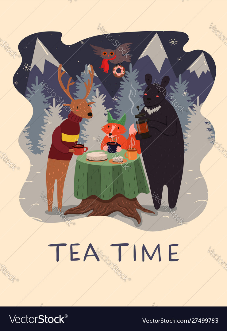 Animal tea party in winter forest Royalty Free Vector Image