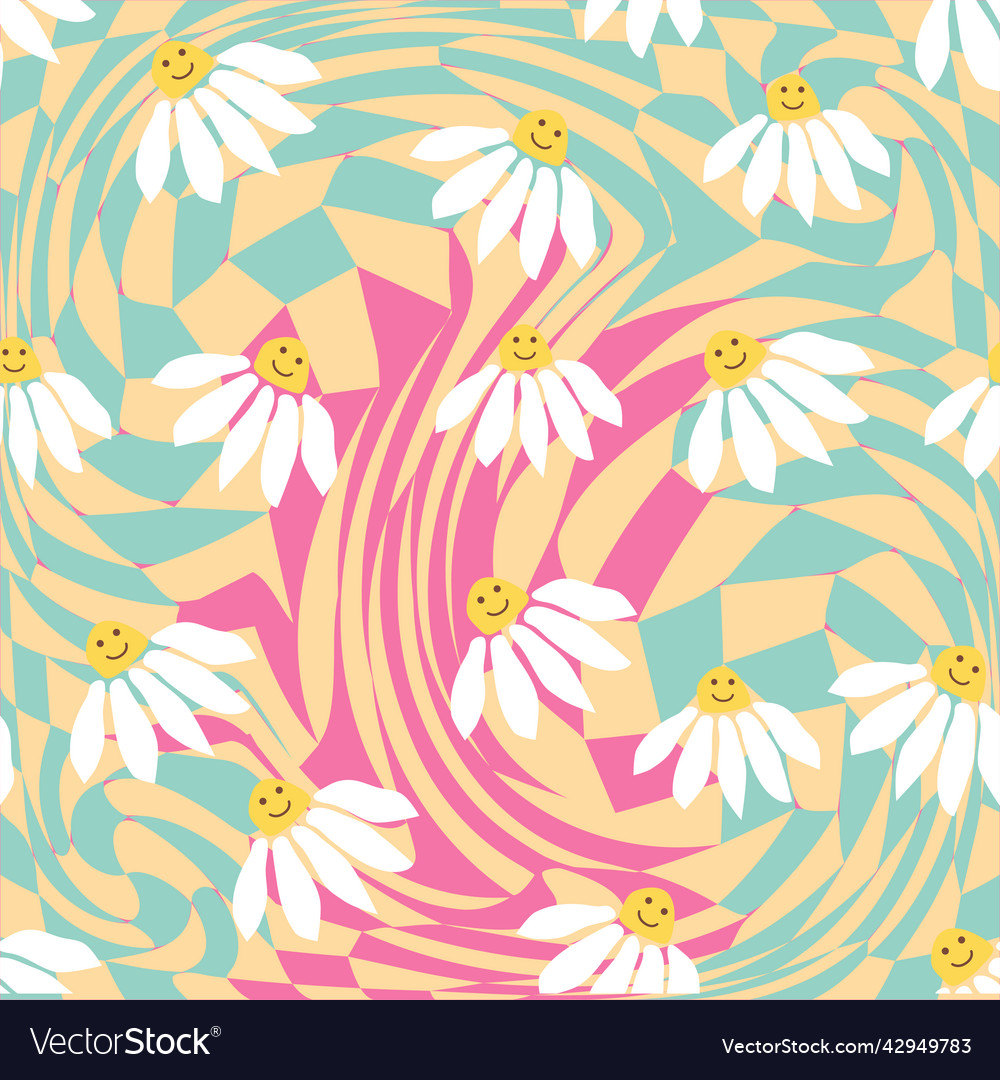 Groovy daisy retro seamless pattern retro smile Vector Image