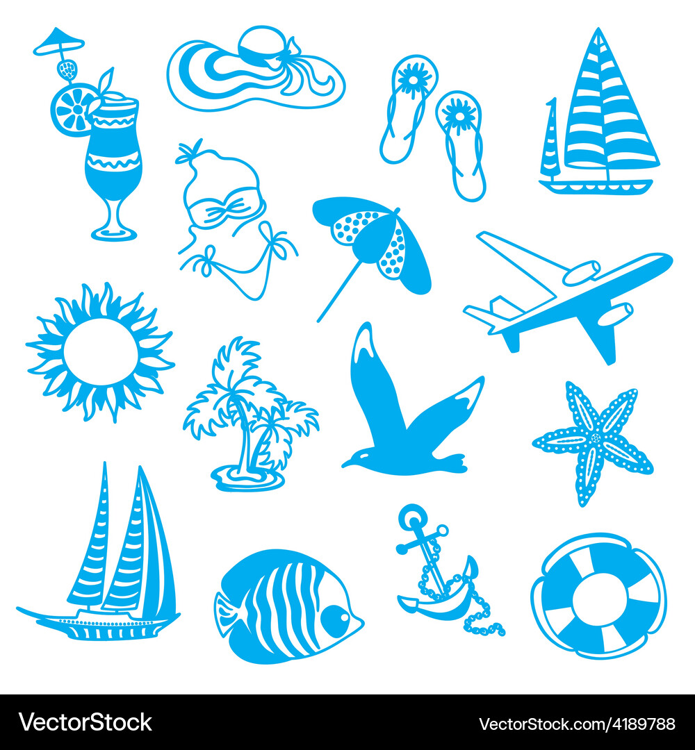 Blue icons symbolizing summer vacation Royalty Free Vector