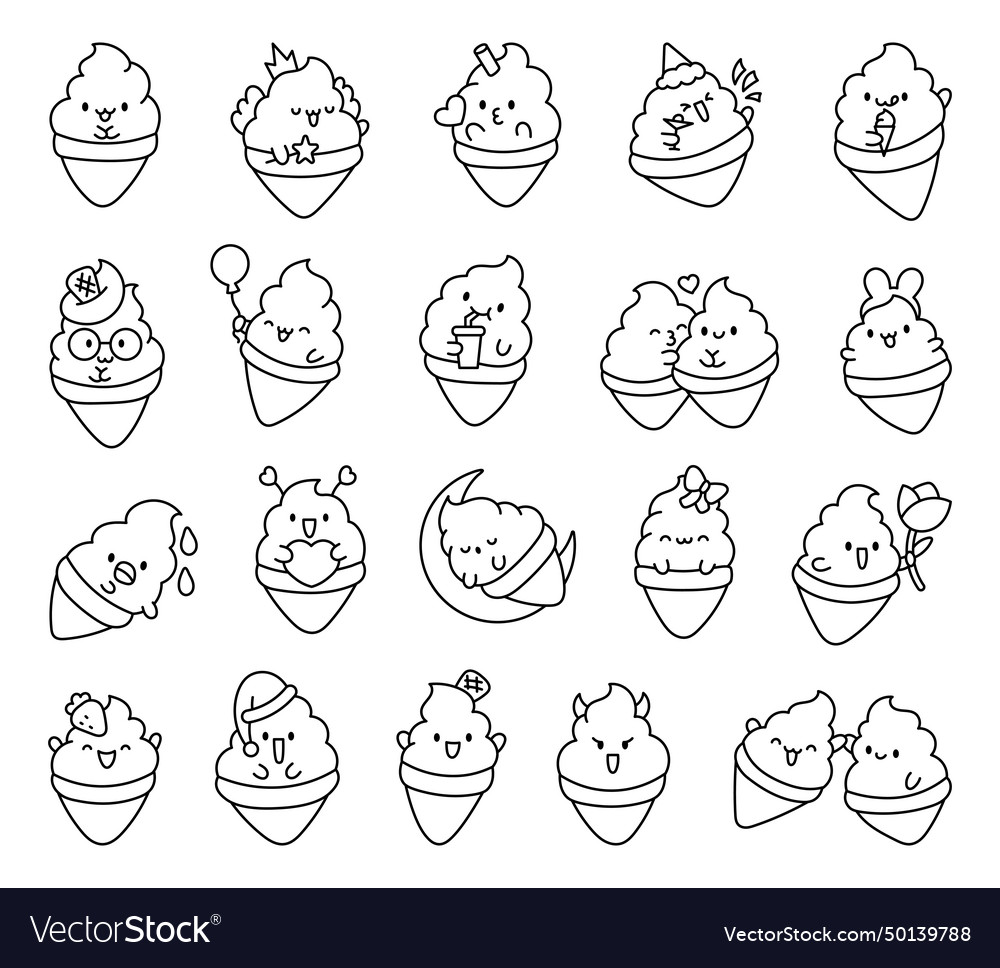 Cute kawaii ice cream characters coloring page Vector Image