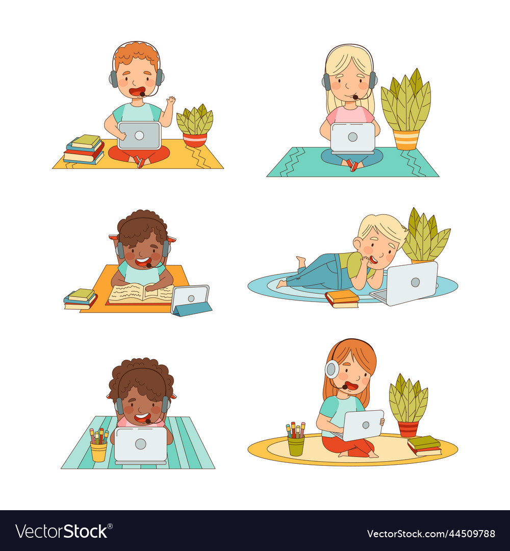 Cute kids using laptops for online education Vector Image