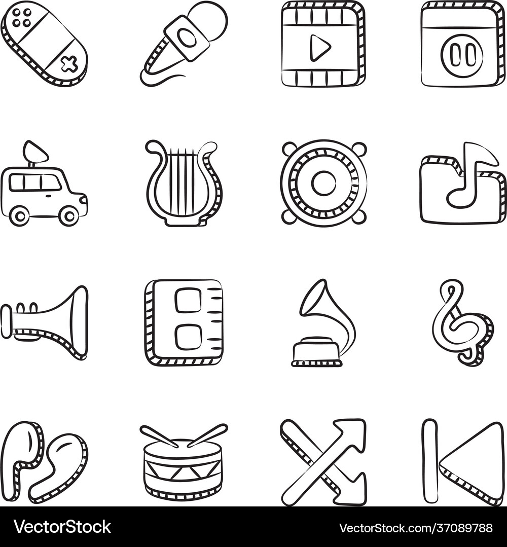 Musical instrument doodle icons pack Royalty Free Vector