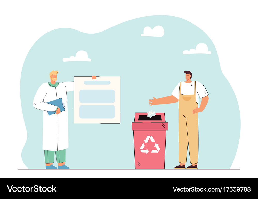 Scientist holding paper and worker throwing trash Vector Image