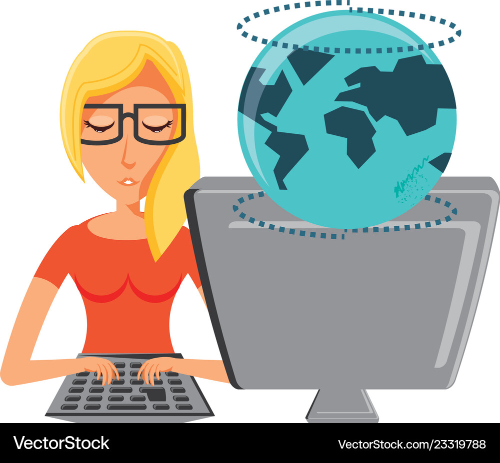 Woman with desktop computer and planet earth Vector Image
