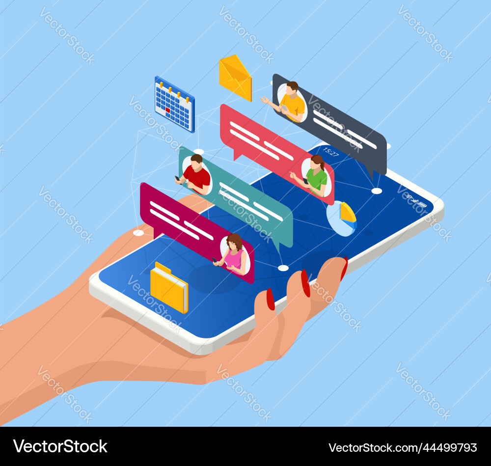 Isometric social media network concept Royalty Free Vector