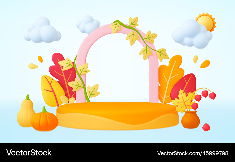 Autumn 3d background fall leaves pumpkin Vector Image
