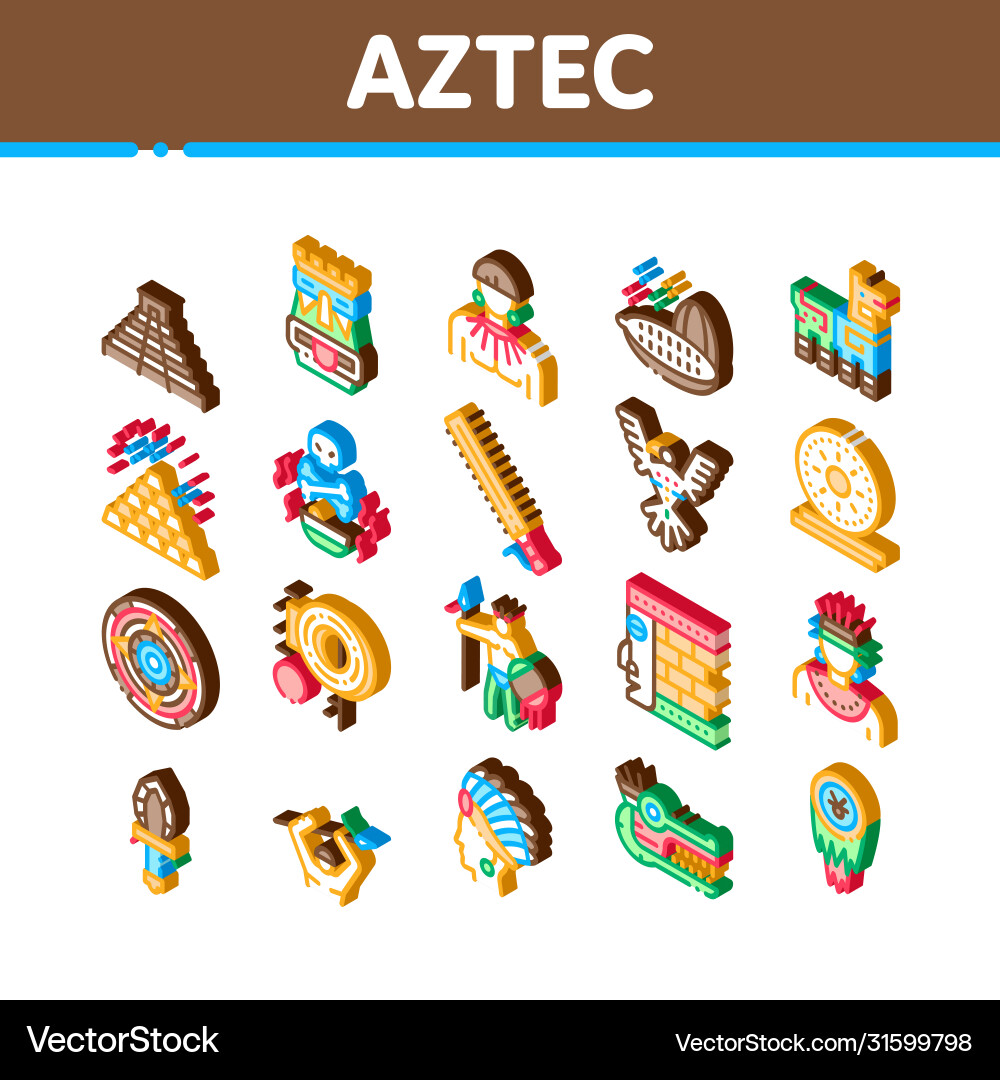 Aztec civilization isometric icons set Royalty Free Vector