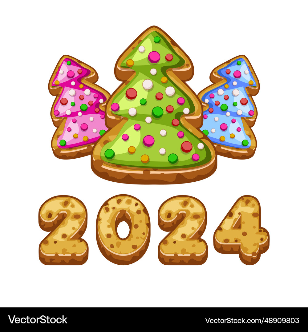 Christmas tree and 2024 text in gingerbread cookie