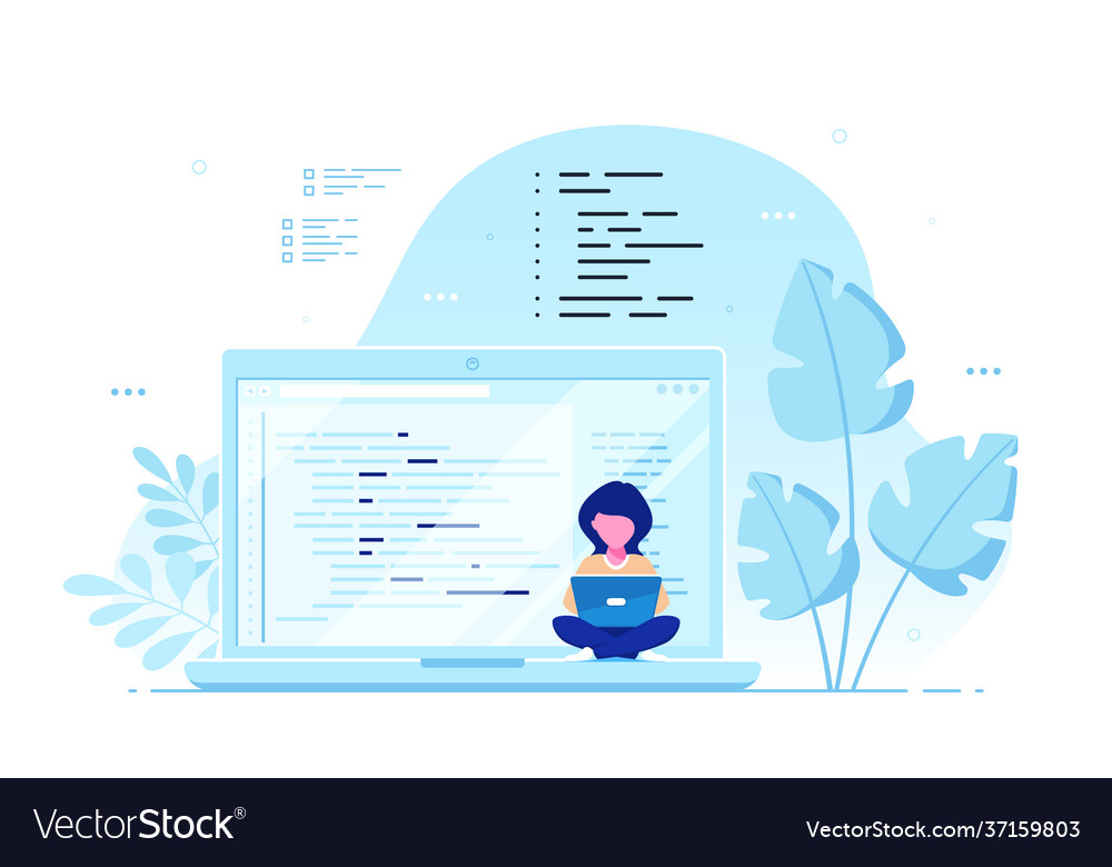 Programmer specialist sitting on big laptop Vector Image