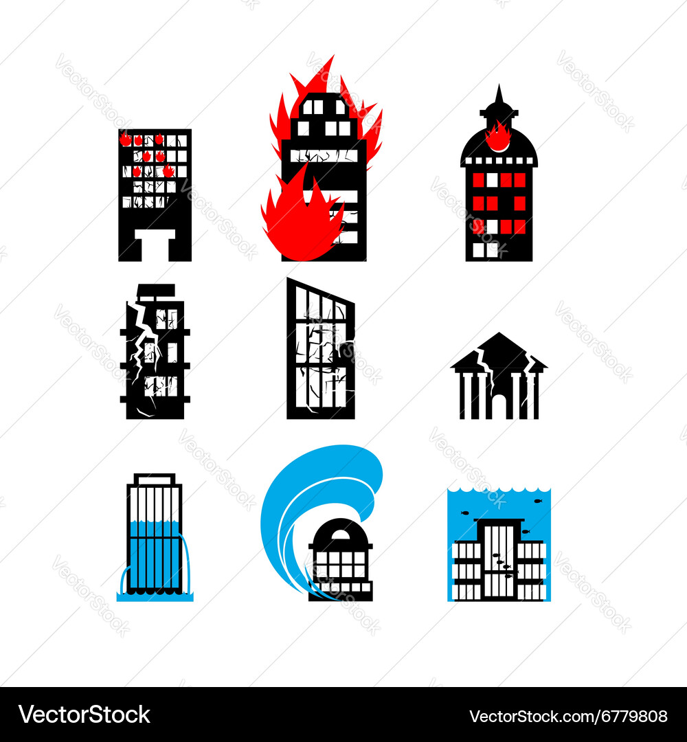 Disaster icon collection fire earthquake and flood