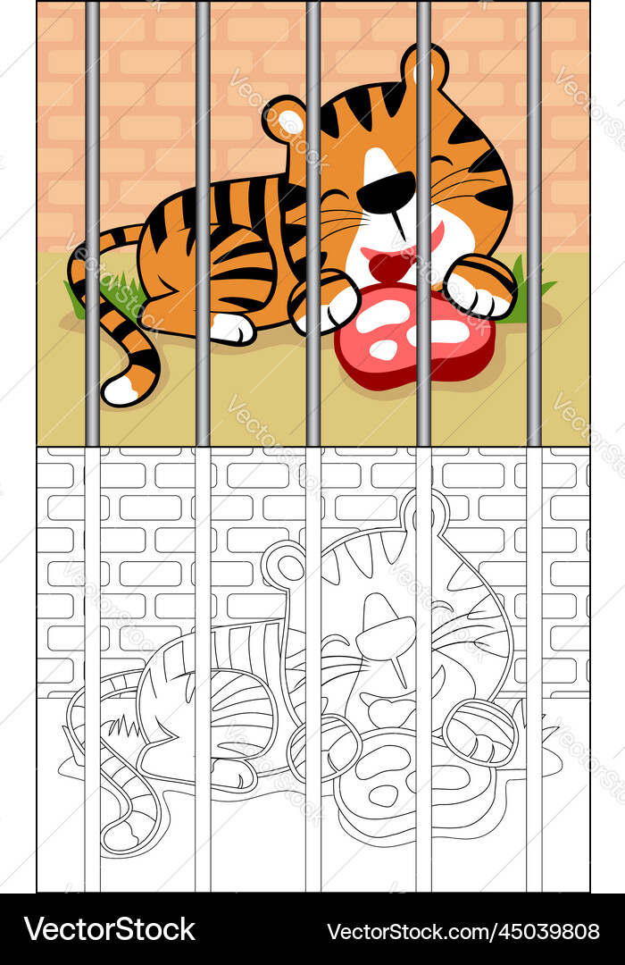 Tiger cartoon with meat inside the cage Royalty Free Vector