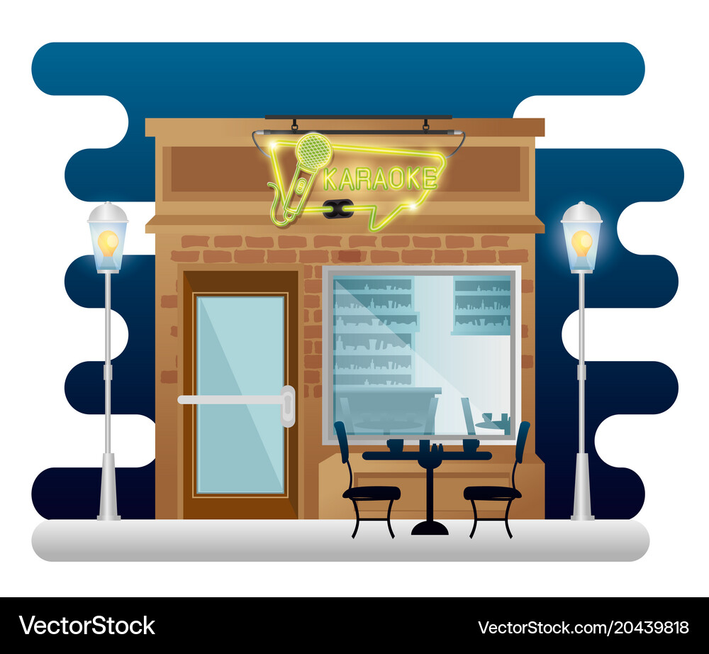 Bar karaoke building facade with neon label Vector Image