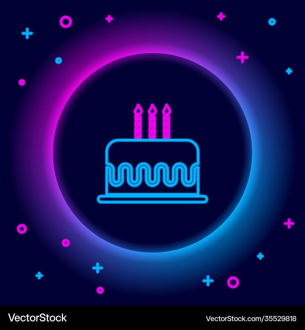 Glowing neon line cake with burning candles icon Vector Image