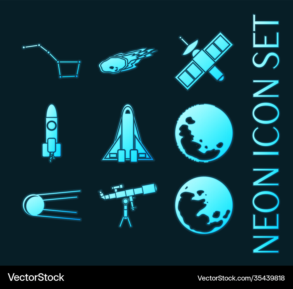 Set space blue glowing neon icons Royalty Free Vector Image