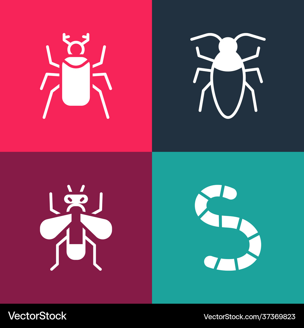 Set pop art worm insect fly cockroach and beetle Vector Image