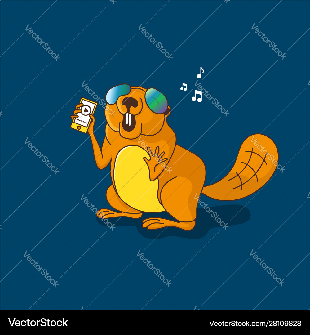 Cheerful beaver with a music player Royalty Free Vector