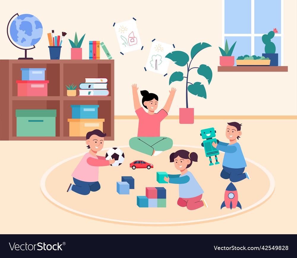 Cute cartoon kids playing on floor in kindergarten