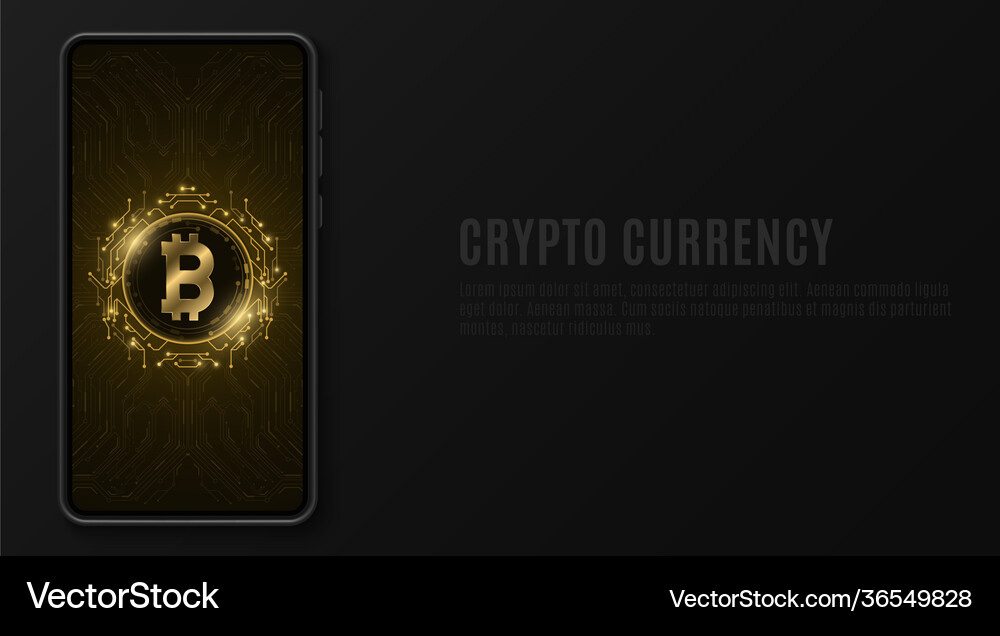 Mobile phone mockup with golden bitcoin on touch Vector Image
