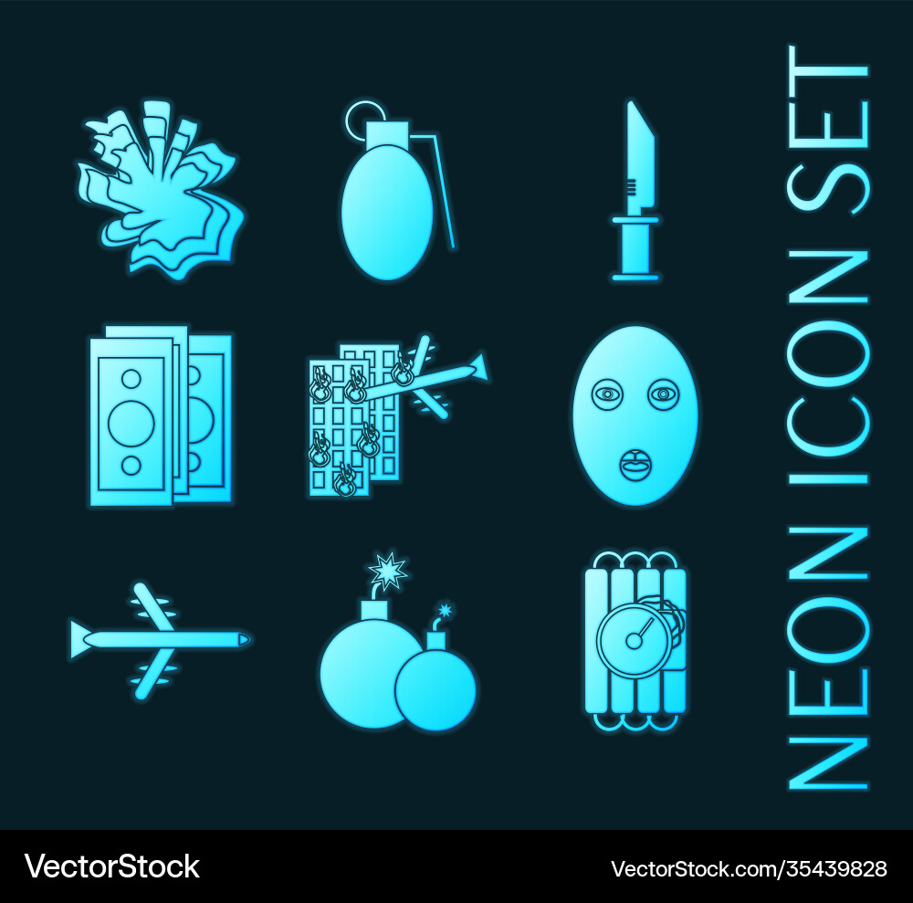 Set terrorism blue glowing neon icons Royalty Free Vector