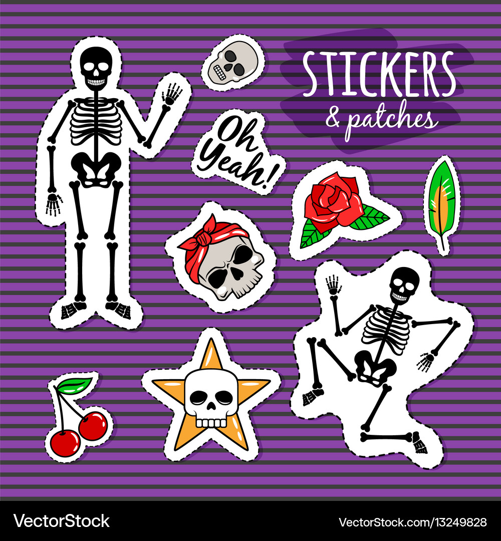 Skeleton and skull colorful stickers Royalty Free Vector