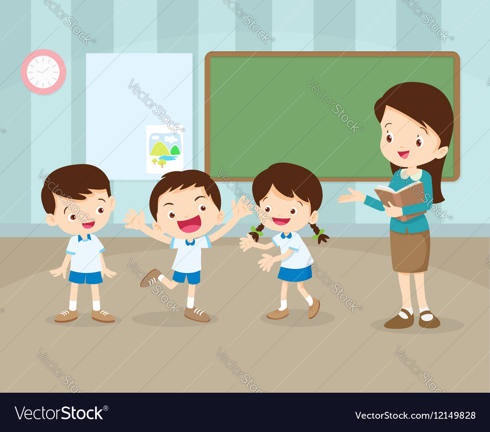 Students presenting in front of classroom Vector Image