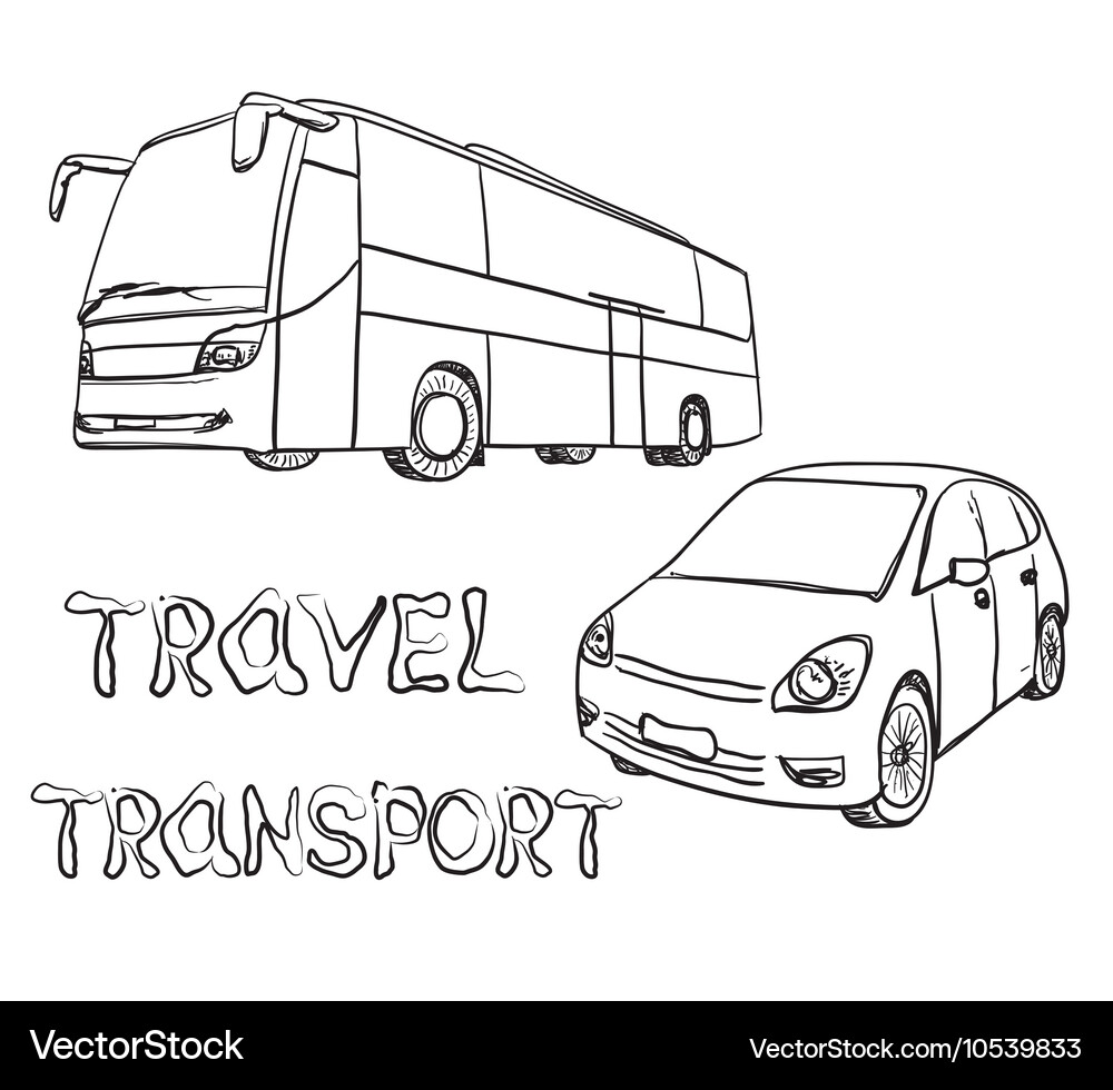 Hand drawn transport set bus and car Royalty Free Vector