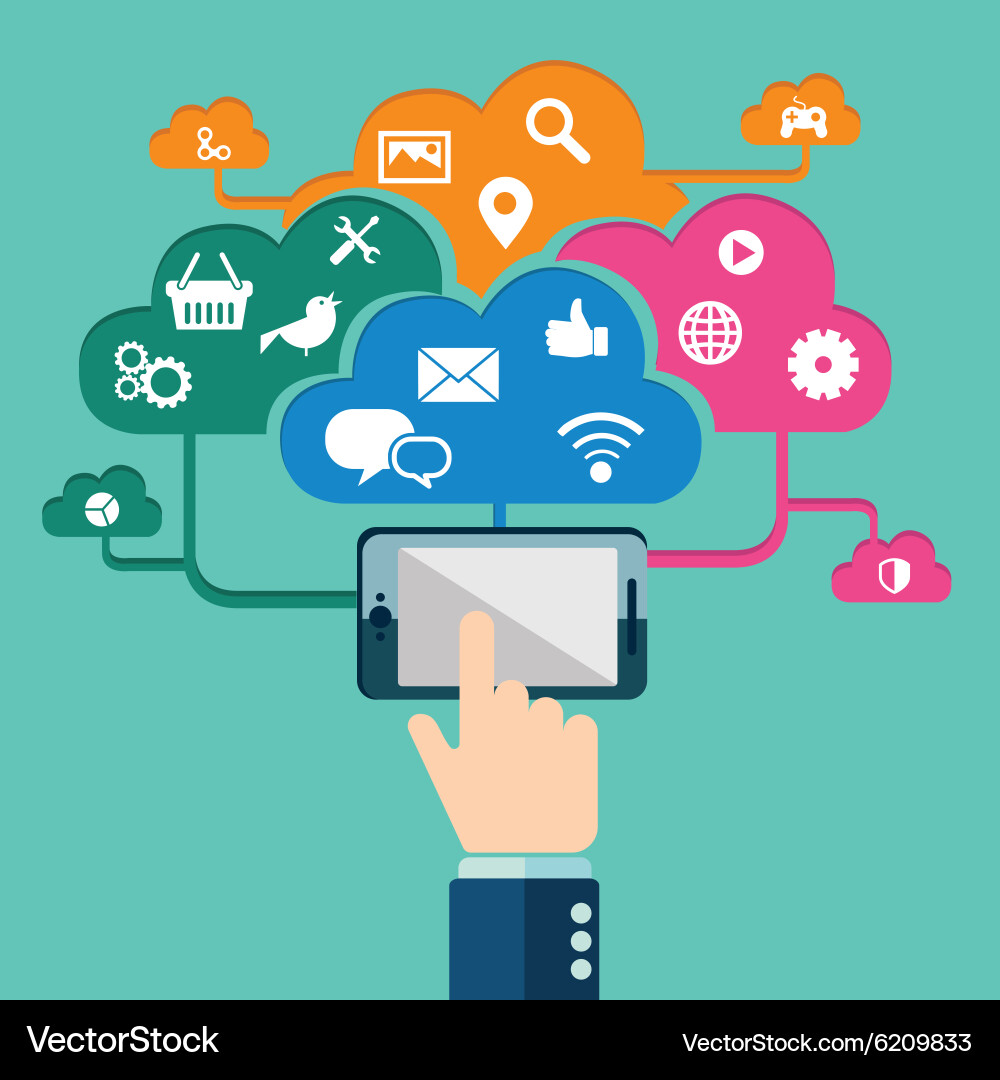 Hand holding mobile phone with icons concept Vector Image