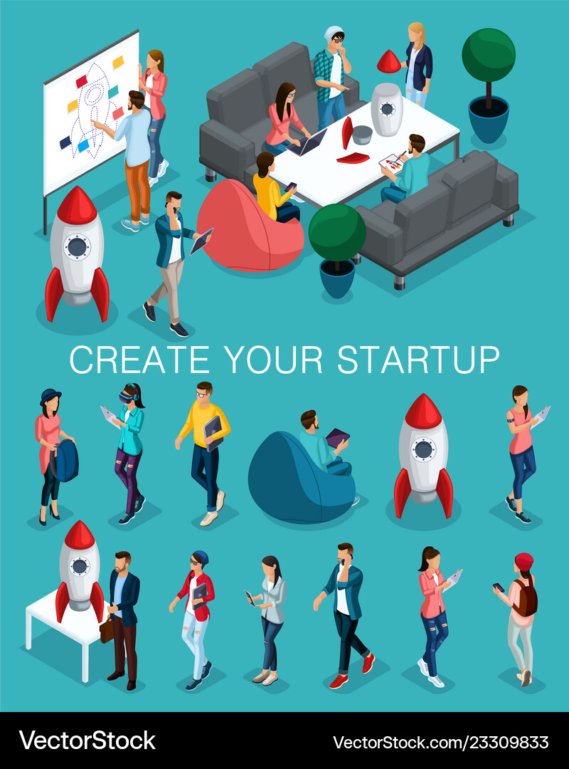 Isometric businessman development of startup Vector Image