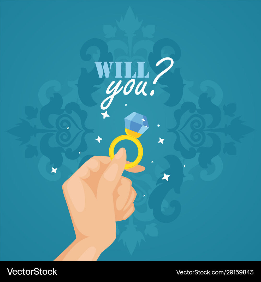 Marriage proposal card hand with engagement ring Vector Image