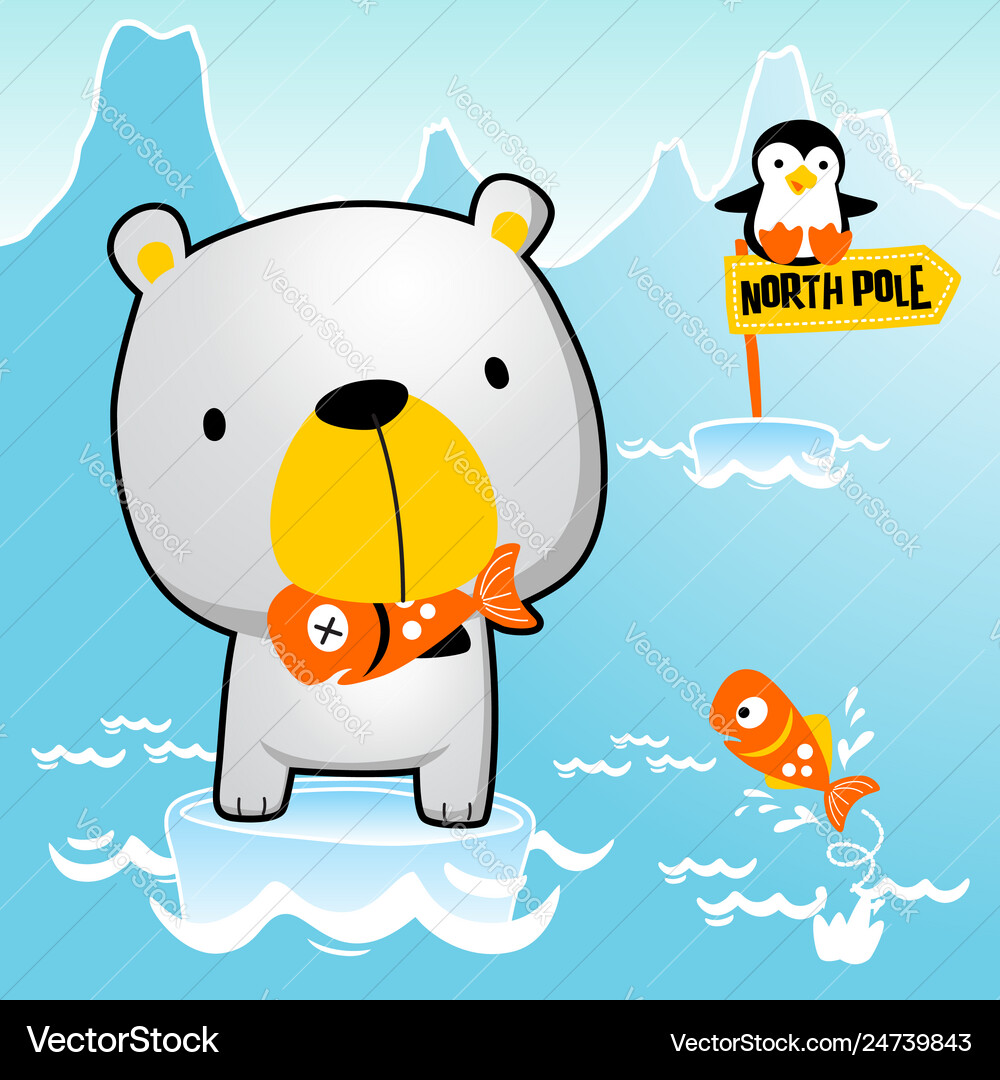 Polar bear with little penguin catch fish Vector Image