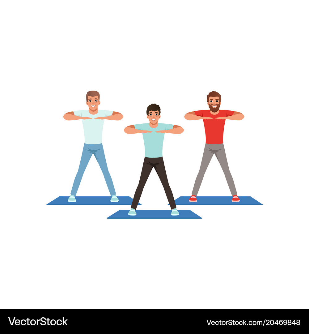 Cartoon men doing sport exercise three young guys Vector Image