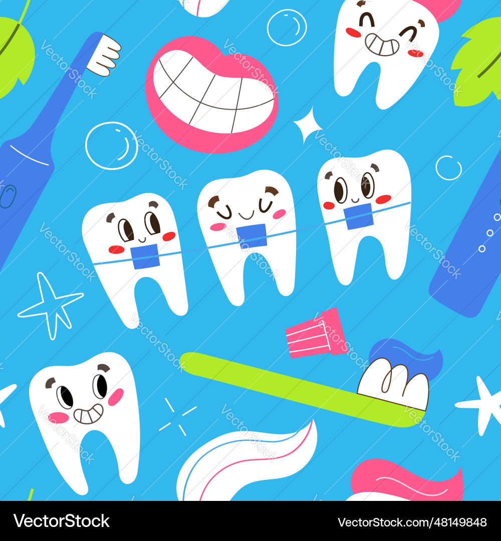 Cute teeth with braces smiling cartoon characters Vector Image