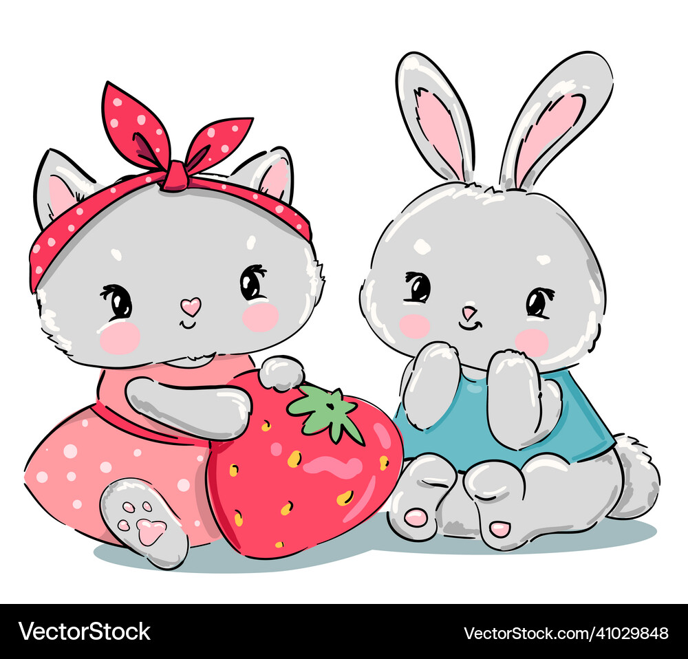 Hand drawn cute rabbit and cat strawberry Vector Image