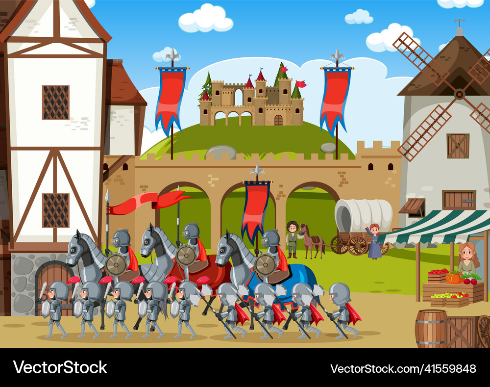 Outdoor scene with medieval army Royalty Free Vector Image