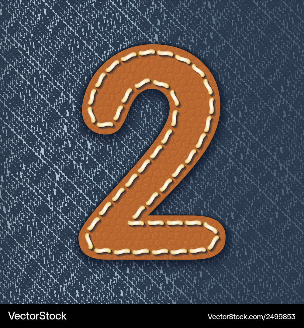 Number 2 made from leather on jeans background Vector Image