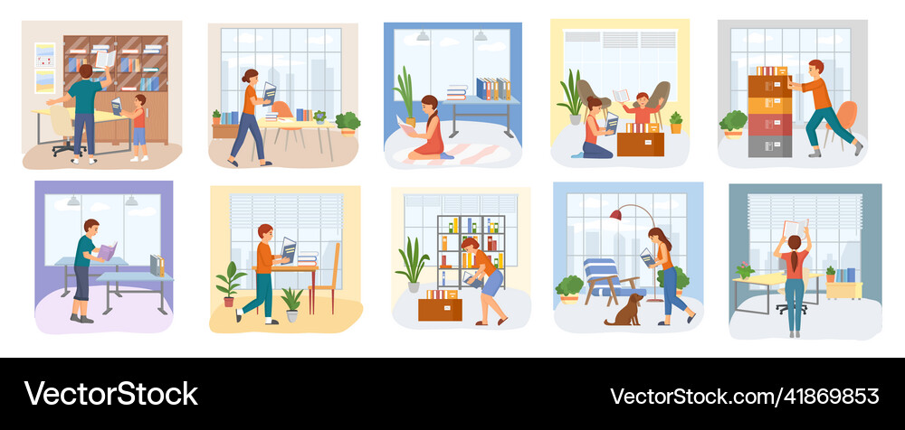 Reading people flat character set with books Vector Image