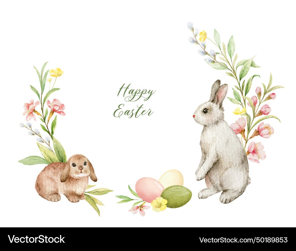 Watercolor frame with easter eggs rabbit Vector Image