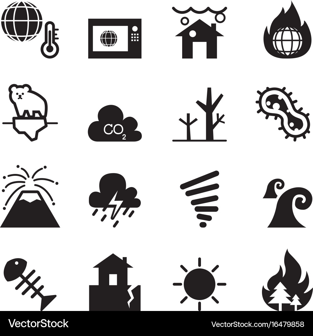 Global warming disaster catastrophe icons set Vector Image