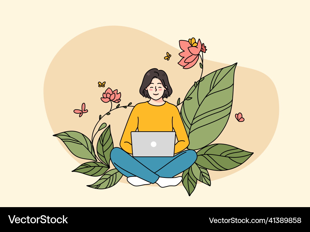 Smiling girl work on computer on flowery Vector Image
