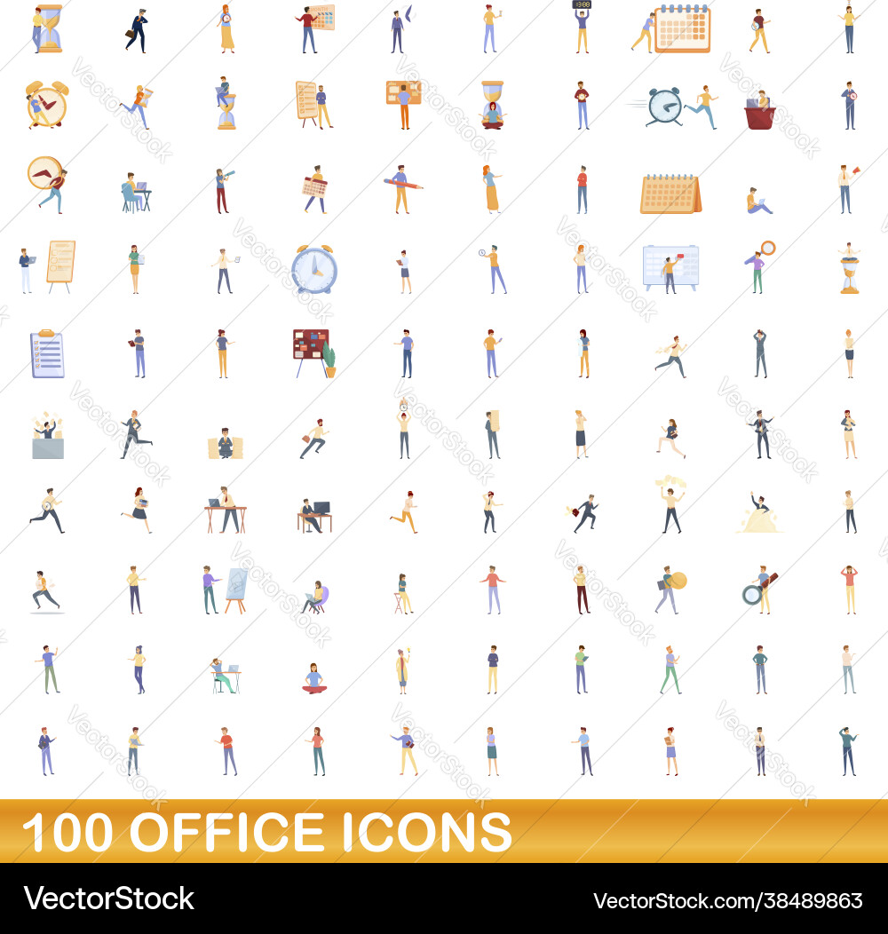 100 office icons set cartoon style Royalty Free Vector Image