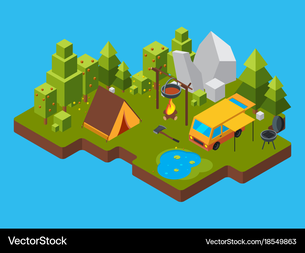 3d isometric landscape with camping in the forest Vector Image