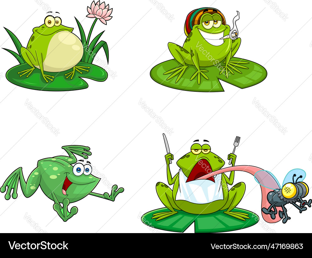 Green frog cartoon characters collection set Vector Image