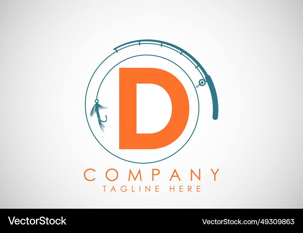 Initial alphabet d with fishing rod and hook Vector Image