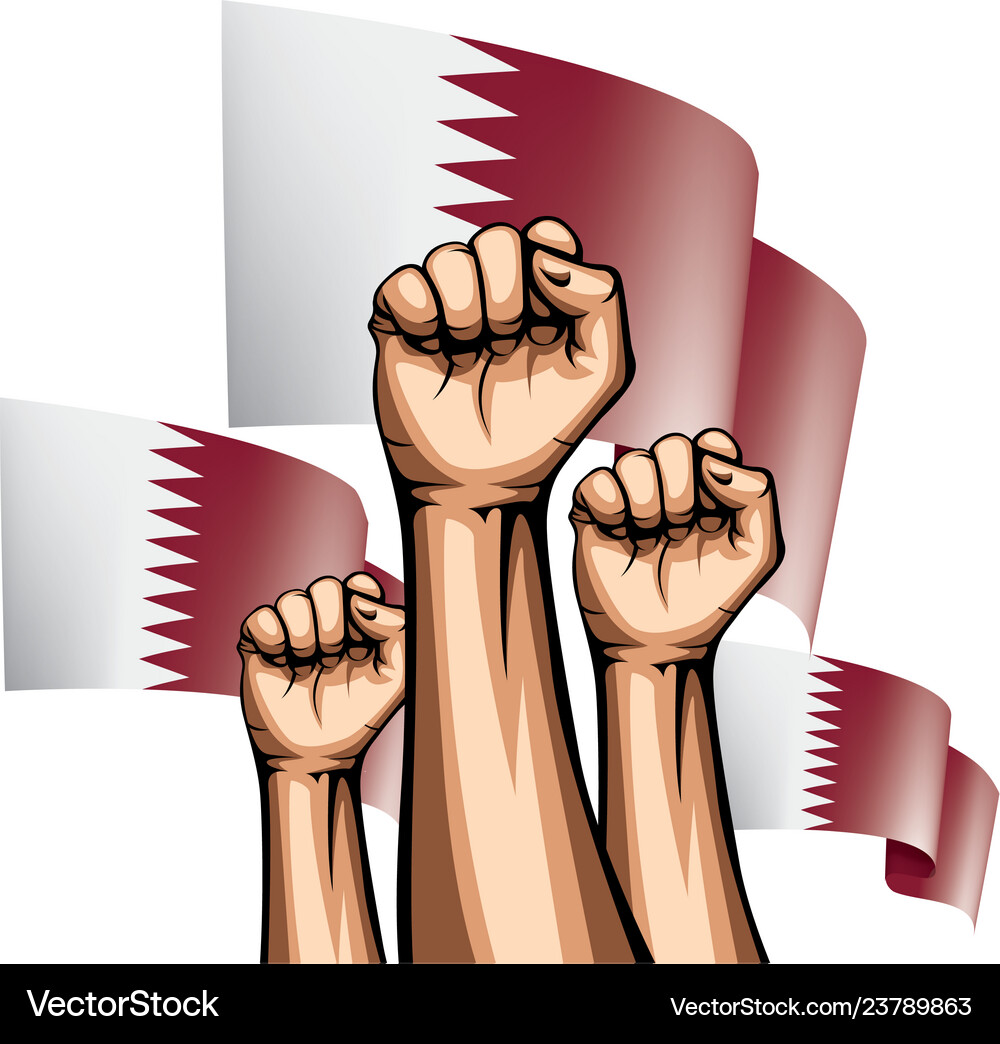 Qatar flag and hand on white background Royalty Free Vector