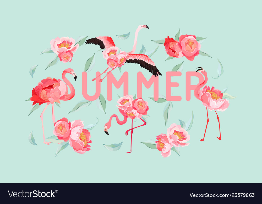 Tropical flamingo summer flyer banner with peony Vector Image