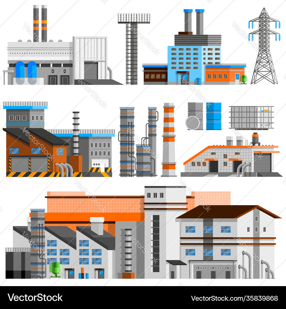 Industrial buildings orthogonal set Royalty Free Vector