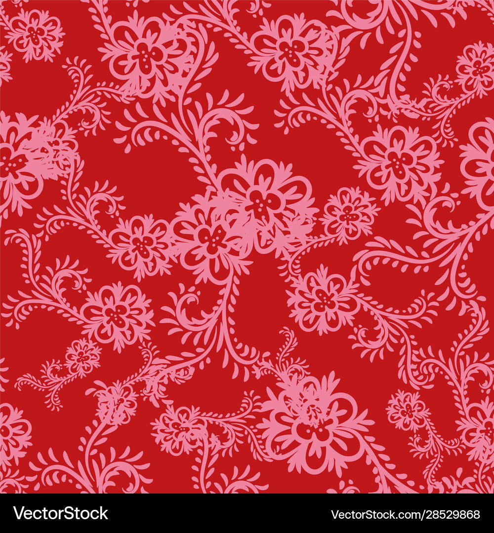 Ornamental pattern with pink floral shapes on red Vector Image