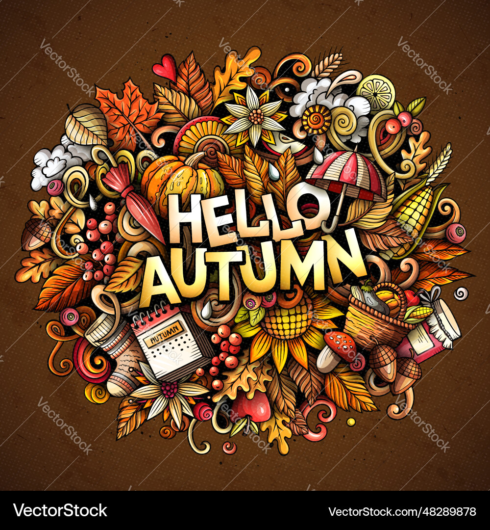 Hello autumn nature cartoon doodle Royalty Free Vector Image