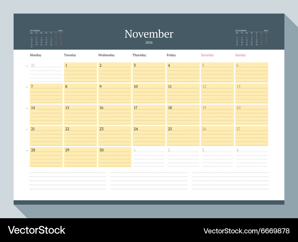 November 2016 monthly calendar planner for 2016 Vector Image