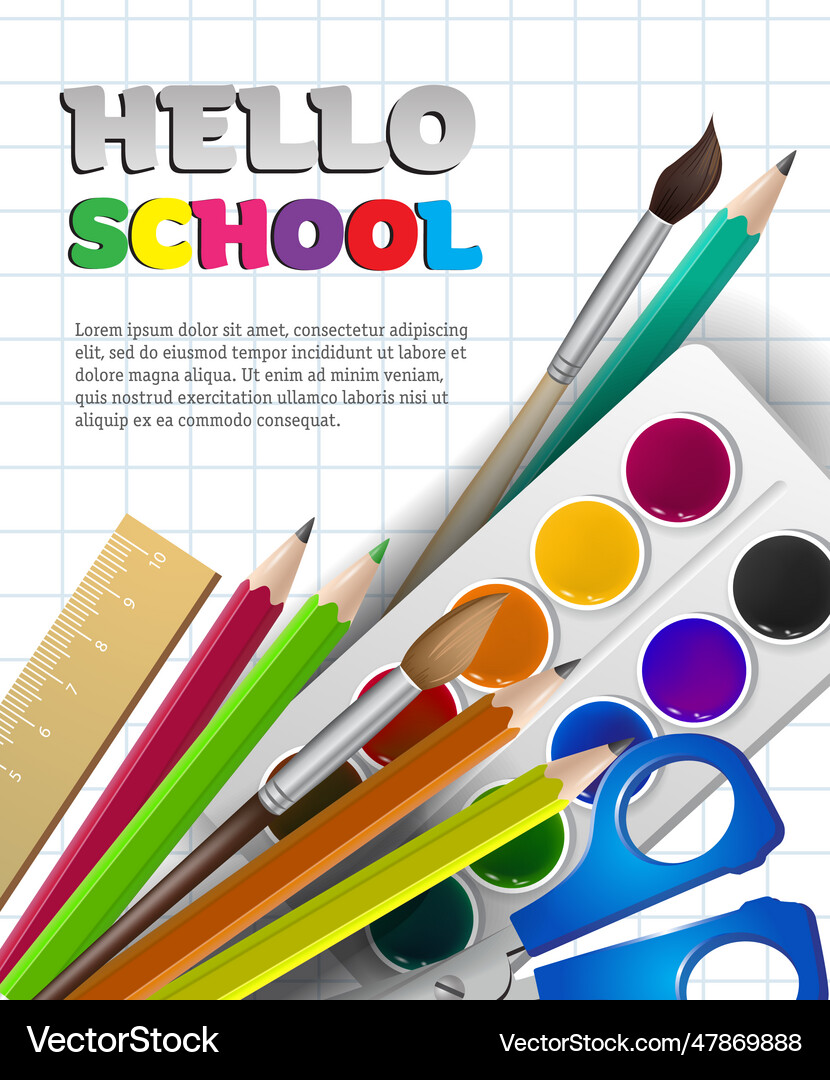 Hello school lettering with supplies Royalty Free Vector